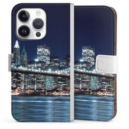 DeinDesign iPhone 14 Pro Handy Klapph&uuml;lle Handyh&uuml;lle aus Kunst Leder wei&szlig; Flip Case Usa Brooklyn Bridge New York Sideflip mit Lasche