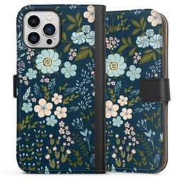 DeinDesign iPhone 13 Pro Max Handy Klapph&uuml;lle Handyh&uuml;lle aus Kunst Leder schwarz Flip Case Blue Muster Flowers Sideflip mit langer Lasche
