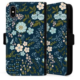 DeinDesign iPhone X Handy Klapph&uuml;lle Handyh&uuml;lle aus Kunst Leder schwarz Flip Case Blue Muster Flowers Sideflip mit langer Lasche