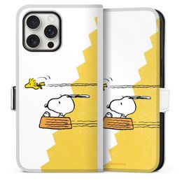 DeinDesign iPhone 15 Pro Max Handy Klapph&uuml;lle Handyh&uuml;lle aus Kunst Leder wei&szlig; Flip Case Snoopy Peanuts Children Sideflip mit Lasche