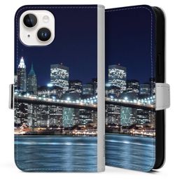 DeinDesign iPhone 14 Handy Klapph&uuml;lle Handyh&uuml;lle aus Kunst Leder wei&szlig; Flip Case Usa Brooklyn Bridge New York Sideflip mit Lasche