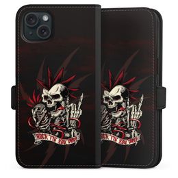 DeinDesign iPhone 15 Plus Handy Klapph&uuml;lle Handyh&uuml;lle aus Kunst Leder schwarz Flip Case Rock Totenkopf Music Sideflip mit Lasche