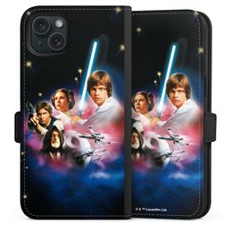 DeinDesign iPhone 15 Plus Handy Klapph&uuml;lle Handyh&uuml;lle aus Kunst Leder schwarz Flip Case Star Wars Lightsaber Merchandise Sideflip mit Lasche