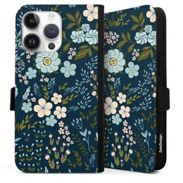 DeinDesign iPhone 14 Pro Max Handy Klapph&uuml;lle Handyh&uuml;lle aus Kunst Leder schwarz Flip Case Blue Muster Flowers Sideflip mit Lasche