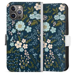 DeinDesign iPhone 12 Pro Handy Klapph&uuml;lle Handyh&uuml;lle aus Kunst Leder wei&szlig; Flip Case Blue Muster Flowers Sideflip mit Lasche