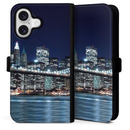DeinDesign iPhone 16 Handy Klapph&uuml;lle Handyh&uuml;lle aus Kunst Leder schwarz Flip Case Usa Brooklyn Bridge New York Sideflip mit Lasche