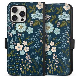 DeinDesign iPhone 15 Pro Max Handy Klapph&uuml;lle Handyh&uuml;lle aus Kunst Leder schwarz Flip Case Blue Muster Flowers Sideflip mit Lasche