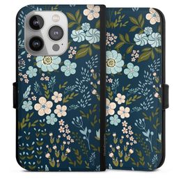 DeinDesign iPhone 14 Pro Handy Klapph&uuml;lle Handyh&uuml;lle aus Kunst Leder schwarz Flip Case Blue Muster Flowers Sideflip mit langer Lasche