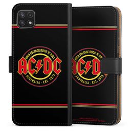 DeinDesign Galaxy A22 5G Handy Klapph&uuml;lle Handyh&uuml;lle aus Kunst Leder schwarz Flip Case Acdc Logo Merchandise Sideflip mit langer Lasche