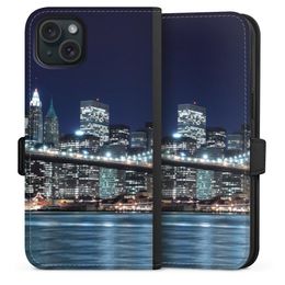 DeinDesign iPhone 15 Plus Handy Klapph&uuml;lle Handyh&uuml;lle aus Kunst Leder schwarz Flip Case Usa Brooklyn Bridge New York Sideflip mit Lasche