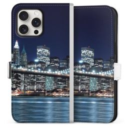 DeinDesign iPhone 15 Pro Max Handy Klapph&uuml;lle Handyh&uuml;lle aus Kunst Leder wei&szlig; Flip Case Usa Brooklyn Bridge New York Sideflip mit Lasche
