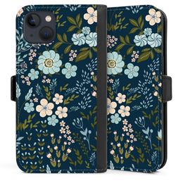 DeinDesign iPhone 13 Handy Klapph&uuml;lle Handyh&uuml;lle aus Kunst Leder schwarz Flip Case Blue Muster Flowers Sideflip mit Lasche