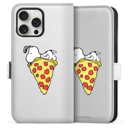 DeinDesign iPhone 15 Pro Max Handy Klapph&uuml;lle Handyh&uuml;lle aus Kunst Leder wei&szlig; Flip Case Peanuts Pizza Snoopy Sideflip mit Lasche