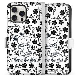 DeinDesign iPhone 15 Pro Max Handy Klapph&uuml;lle Handyh&uuml;lle aus Kunst Leder wei&szlig; Flip Case Peanuts Flowers Snoopy Sideflip mit Lasche