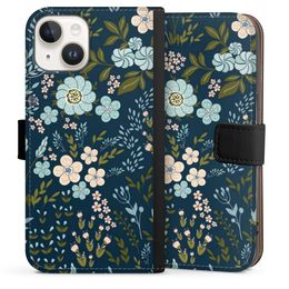 DeinDesign iPhone 14 Handy Klapph&uuml;lle Handyh&uuml;lle aus Kunst Leder schwarz Flip Case Blue Muster Flowers Sideflip mit Lasche
