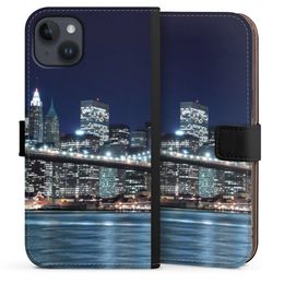 DeinDesign iPhone 14 Plus Handy Klapph&uuml;lle Handyh&uuml;lle aus Kunst Leder schwarz Flip Case Usa Brooklyn Bridge New York Sideflip mit langer Lasche