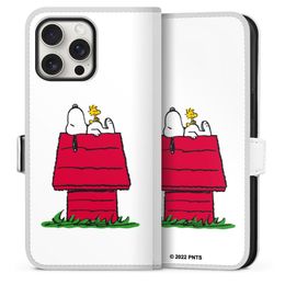 DeinDesign iPhone 15 Pro Max Handy Klapph&uuml;lle Handyh&uuml;lle aus Kunst Leder wei&szlig; Flip Case Snoopy Peanuts Official Licensed Product Sideflip mit Lasche