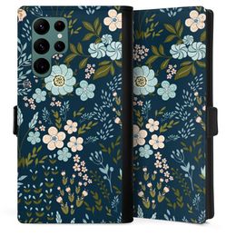 DeinDesign Galaxy S22 Ultra Handy Klapph&uuml;lle Handyh&uuml;lle aus Kunst Leder schwarz Flip Case Blue Muster Flowers Sideflip mit langer Lasche