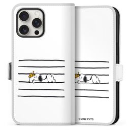 DeinDesign iPhone 15 Pro Max Handy Klapph&uuml;lle Handyh&uuml;lle aus Kunst Leder wei&szlig; Flip Case Snoopy Dog Peanuts Sideflip mit Lasche