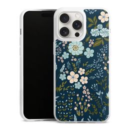 DeinDesign iPhone 15 Pro Max Handy Silikon H&uuml;lle Case wei&szlig; Handyh&uuml;lle Blue Muster Flowers Silikon Case
