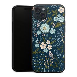 DeinDesign iPhone 15 Plus Handy Premium Silikon H&uuml;lle Handyh&uuml;lle schwarz Case Blue Muster Flowers Silikon Premium Case