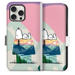 DeinDesign iPhone 15 Pro Max Handy Klapph&uuml;lle Handyh&uuml;lle aus Kunst Leder wei&szlig; Flip Case Official Licensed Product Peanuts Snoopy Sideflip mit Lasche