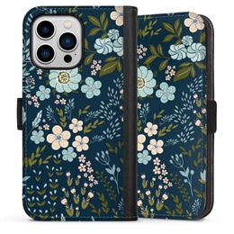 DeinDesign iPhone 13 Pro Handy Klapph&uuml;lle Handyh&uuml;lle aus Kunst Leder schwarz Flip Case Blue Muster Flowers Sideflip mit Lasche
