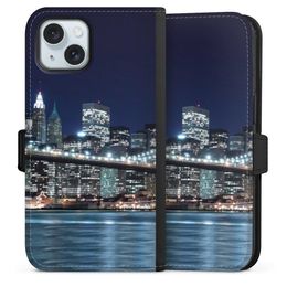DeinDesign iPhone 15 Handy Klapph&uuml;lle Handyh&uuml;lle aus Kunst Leder schwarz Flip Case Usa Brooklyn Bridge New York Sideflip mit Lasche
