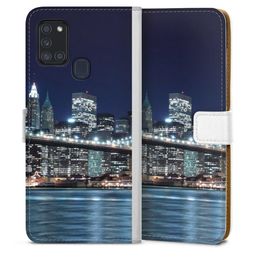 DeinDesign Galaxy A21s Handy Klapph&uuml;lle Handyh&uuml;lle aus Kunst Leder wei&szlig; Flip Case Usa Brooklyn Bridge New York Sideflip mit Lasche