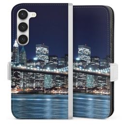 DeinDesign Galaxy S23 Handy Klapph&uuml;lle Handyh&uuml;lle aus Kunst Leder wei&szlig; Flip Case Usa Brooklyn Bridge New York Sideflip mit Lasche