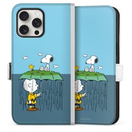 DeinDesign iPhone 15 Pro Max Handy Klapph&uuml;lle Handyh&uuml;lle aus Kunst Leder wei&szlig; Flip Case Peanuts Children Snoopy Sideflip mit Lasche