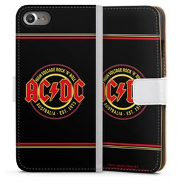 DeinDesign iPhone SE (2022) Handy Klapph&uuml;lle Handyh&uuml;lle aus Kunst Leder wei&szlig; Flip Case Acdc Merchandise Logo Sideflip mit Lasche