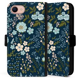 DeinDesign iPhone 16e Handy Klapph&uuml;lle Handyh&uuml;lle aus Kunst Leder schwarz Flip Case Blue Muster Flowers Sideflip mit Lasche