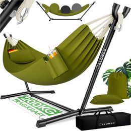 ELONEO H&auml;ngematte mit Gestell f&uuml;r 2 Personen, 200 kg Belastbarkeit, h&ouml;henverstellbares H&auml;ngemattengestell Outdoor und Indoor Hammock inklusive Kissen, Tragetasche und Beutel - Gr&uuml;n