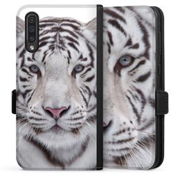DeinDesign Galaxy A50 Handy Klapph&uuml;lle Handyh&uuml;lle aus Kunst Leder schwarz Flip Case Snow Winter Tiger Sideflip mit Lasche