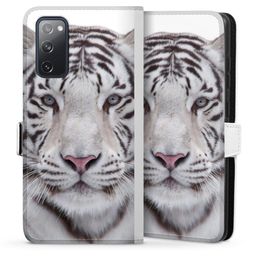 DeinDesign Galaxy S20 FE 5G Handy Klapph&uuml;lle Handyh&uuml;lle aus Kunst Leder wei&szlig; Flip Case Snow Winter Tiger Sideflip mit Lasche