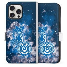 DeinDesign iPhone 15 Pro Max Handy Klapph&uuml;lle Handyh&uuml;lle aus Kunst Leder wei&szlig; Flip Case Msv Duisburg Official Licensed Product Water Colour Sideflip mit Lasche