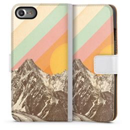 DeinDesign iPhone SE (2022) Handy Klapph&uuml;lle Handyh&uuml;lle aus Kunst Leder wei&szlig; Flip Case Sunshine Retro Mountain Sideflip mit Lasche