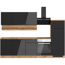 K&uuml;chenzeile KOCHSTATION, B:280cm H:200cm T:60cmk&uuml;che: schwarz, front: hochglanz schwarz, korpus: wotaneiche, arbeitsplatte: wotaneiche,