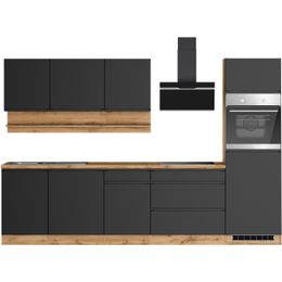 K&uuml;chenzeile KOCHSTATION, B:300cm H:200cm T:60cmk&uuml;che: schwarz, front: matt schwarz, korpus: wotaneiche, arbeitsplatte: wotaneiche,