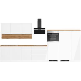 K&uuml;chenzeile KOCHSTATION, B:410cm H:200cm T:60cmk&uuml;che: wei&szlig;, front: hochglanz wei&szlig;, korpus: wei&szlig;, arbeitsplatte: wotaneiche, Komplettk&uuml;chen-Sets,