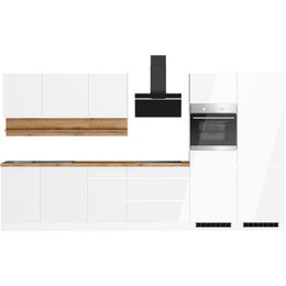 K&uuml;chenzeile KOCHSTATION, B:360cm H:200cm T:60cmk&uuml;che: wei&szlig;, front: hochglanz wei&szlig;, korpus: wei&szlig;, arbeitsplatte: wotaneiche, Komplettk&uuml;chen-Sets,