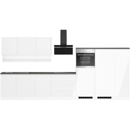K&uuml;chenzeile KOCHSTATION, B:410cm H:200cm T:60cmk&uuml;che: wei&szlig;, front: hochglanz wei&szlig;, korpus: wei&szlig;, arbeitsplatte: betongrau, Komplettk&uuml;chen-Sets,