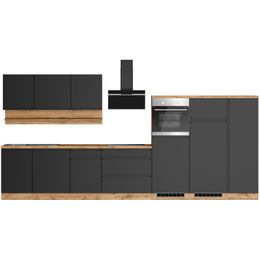 K&uuml;chenzeile KOCHSTATION, B:410cm H:200cm T:60cmk&uuml;che: schwarz, front: matt schwarz, korpus: wotaneiche, arbeitsplatte: wotaneiche,