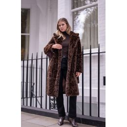 Schokoladen Leopard Print Premium Kunstpelz G&uuml;rtel Mantel