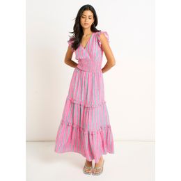 Rosa Sommerstreifen Maxikleid mit geraffter Taille
