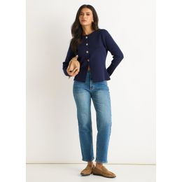 Marineblaue Strickjacke mit goldenen Kn&ouml;pfen und Rippmuster