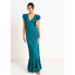 Gr&uuml;nes Jersey-Spitzen-Maxikleid mit V-Ausschnitt und R&uuml;schen