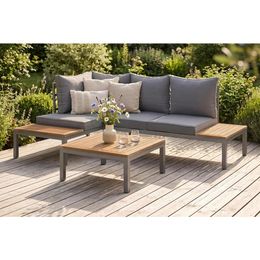 Ambia Garden Loungegarnitur, Braun, Grau, Teak, Holz, Metall, Akazie, vollmassiv, F&uuml;llung: Faserb&auml;llchen,Komfortschaum, L-Form, einzeln stellbar, 207x138 cm, Fsc, Bsci, Loungem&ouml;bel, Gartenlounge-Sets
