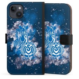 DeinDesign iPhone 14 Plus Handy Klapph&uuml;lle Handyh&uuml;lle aus Kunst Leder schwarz Flip Case Msv Duisburg Official Licensed Product Water Colour Sideflip mit langer 